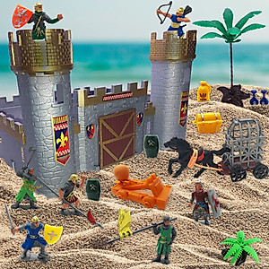 ArtCreativity Medieval Castle Knights Playset for Kids, 27-Piece Deluxe Action Figure Play Set with Storage Bucket, Assembly Castle, 6 Knight Action Figures, Horse Drawn Carriage, Catapult, and More