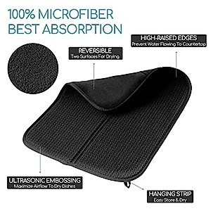 Dish Drying Mat for Kitchen Counter Dishes Towels Absorbent Sink Drain Mats with Microfiber,14" x17”,3 Pack Black