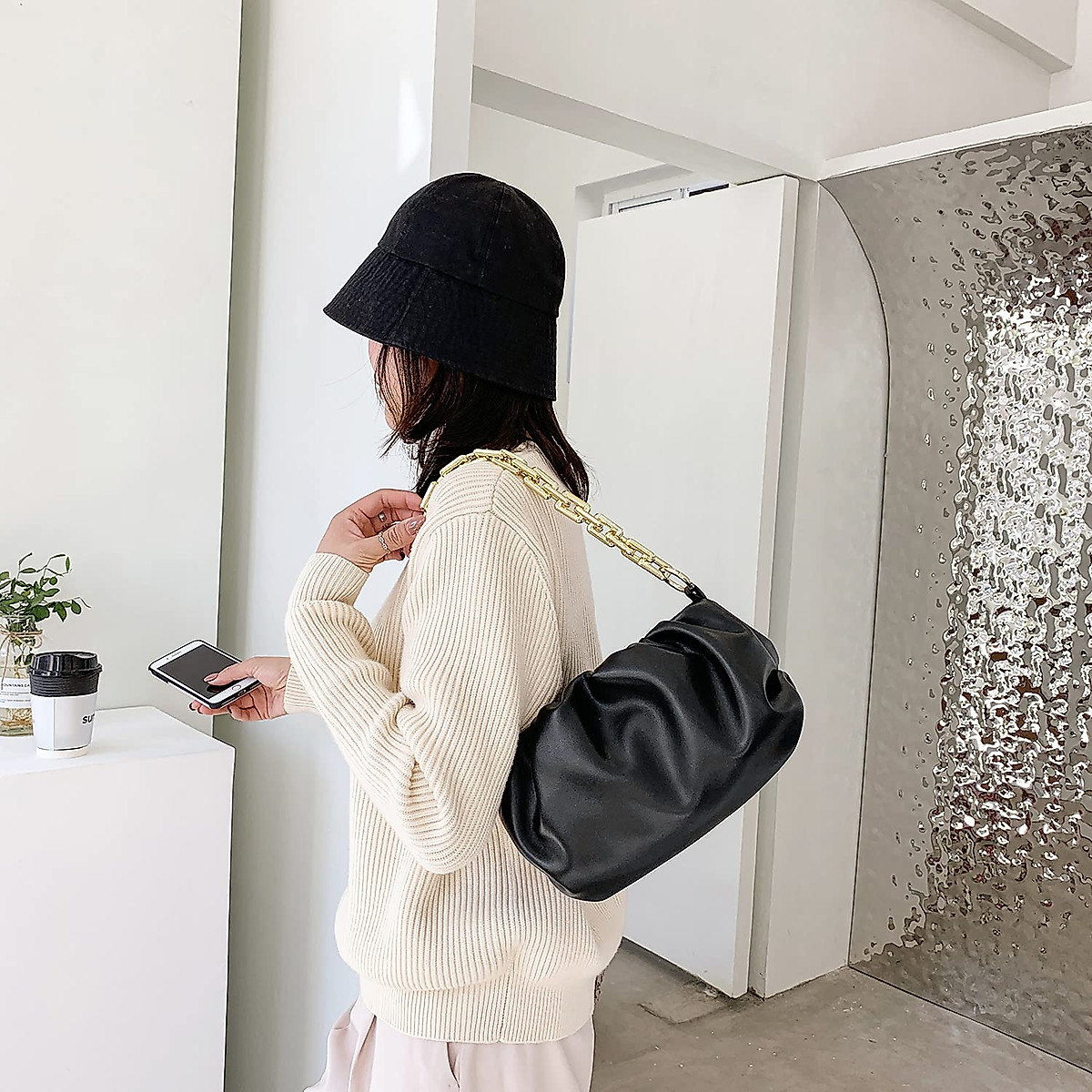 Clutch Purses for women Evening Bag Shoulder Bag Pleated Purse Flapper Ruched Multipurpose Purse(Black)