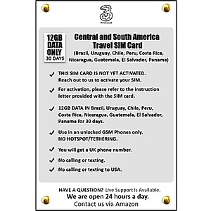 Central and South America Prepaid Travel SIM Card by 3UK. 12GB Data only for 30 Days. We Must Activate The SIM Card.
