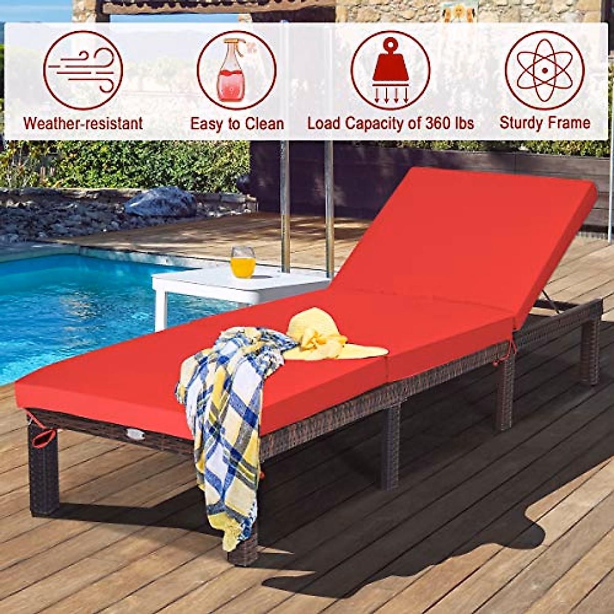 Tangkula Rattan Wicker Chaise Lounge Chair, Outdoor Patio Lounger Recliner Chair w/Adjustable Backrest, Heavy-Duty Reclining Chair Sunbed with Thick Zippered Cushion for Garden Yard Patio (1, Red)