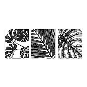 Grey Tropical Leaf Botanical Wall Art 3 Piece Print Set 8x10 Unframed Black and White Monstera and Palm Leaves for Bathroom, Bedroom Home Decor Idea