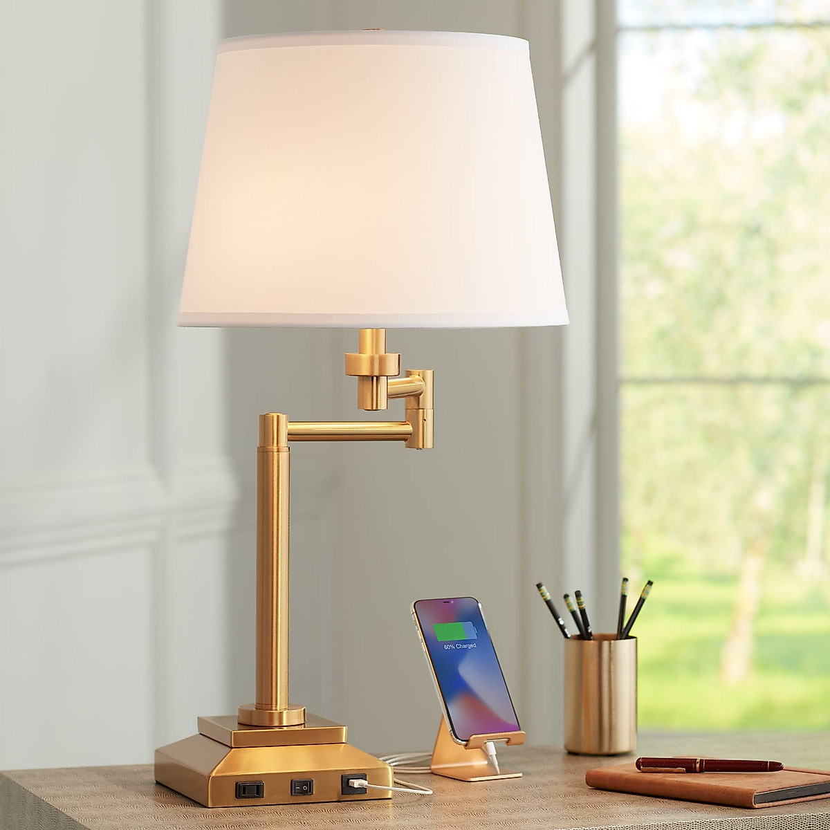 Possini Euro Design Camber Workstation Warm Gold Swing Arm Desk Lamp with Outlet and USB Port