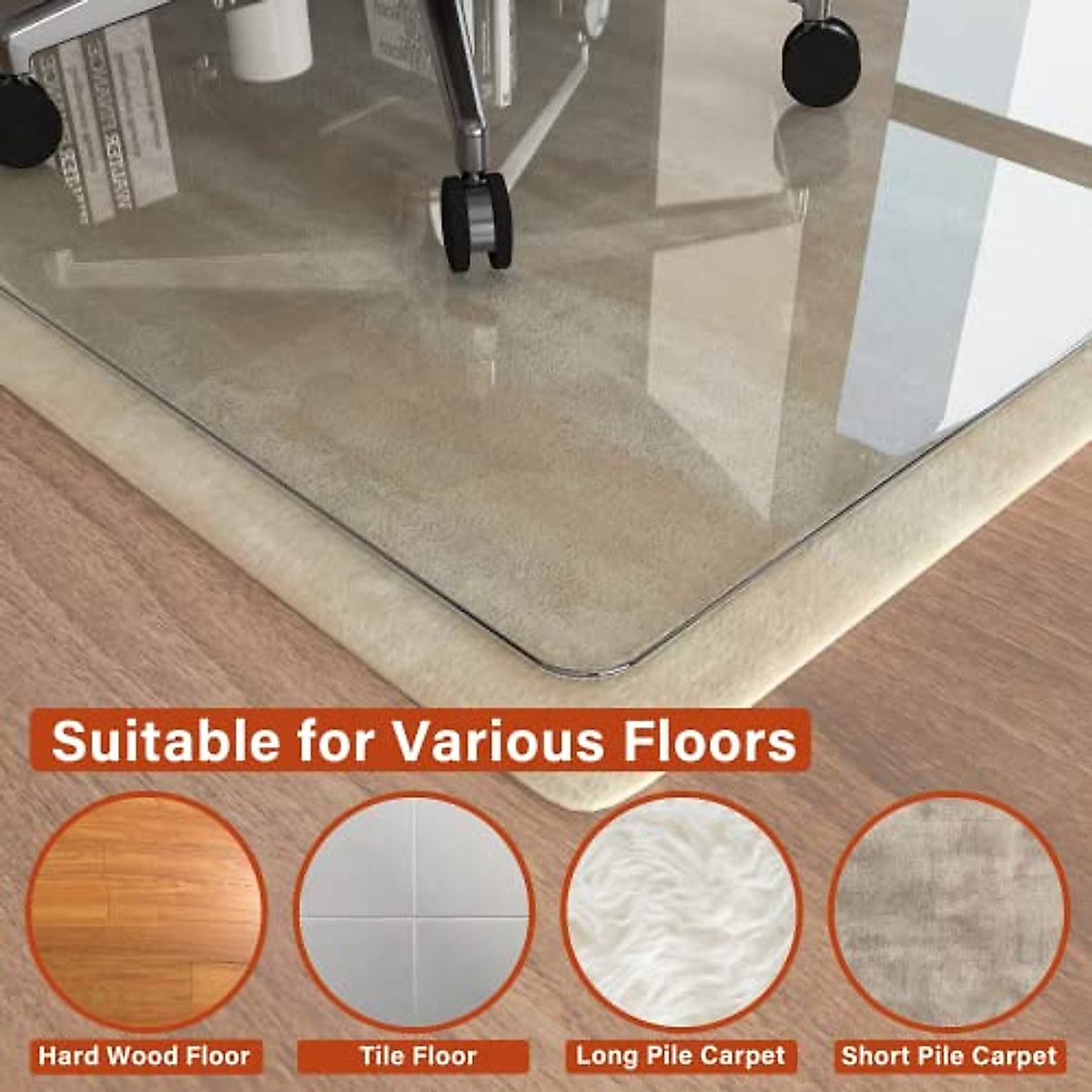 CONGUILIAO Glass Chair Mat, 36" x 46" Tempered Glass Office Chair Mat for Carpeted or Hardwood Floors, Computer Chair Mat Floor Protector Mat, Effortless Rolling, Easy to Clean (Transparent)