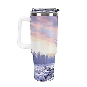 LLUTSNTH 40 Oz Vacuum Tumbler with White Handle Leakproof Insulated Tumbler Winter Landscape Stainless Steel Travel Mug with Lid And Straw Coffee Cup Cute Water Bottles Cup Holder Friendly