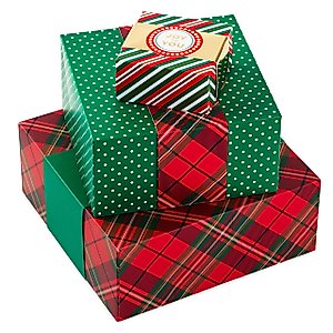 Hallmark Christmas Gift Boxes 3-Pack Assorted Sizes (Red & Green Stripes, Plaid, Polka Dots) for Hostess Gifts, Holiday Parties, Wrapped Treats