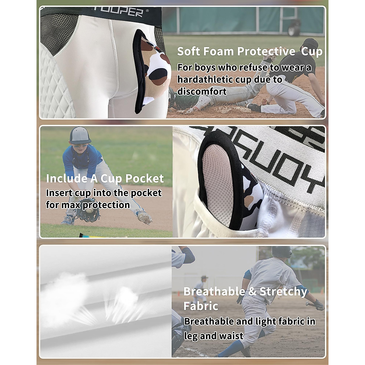 Youper Youth Elite Padded Baseball Sliding Shorts w/Soft Cup (Medium) White