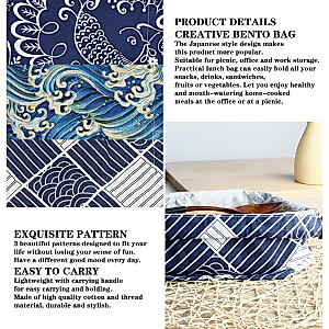 3PCS Lunch Tote Bag Japanese Style Drawstring Bento Pouch Portable Bento Storage Bag for Work Picnic or Travel, Blue