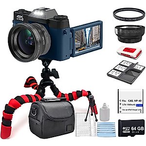 eDealz 4K 48MP Digital Camera Kit Photography Vlogging Camera for YouTube with Flip Screen, WiFi, Wide Angle & Macro Lens, 64GB Micro SD Card, 12" Flexible Tripod, Carrying Case, Card Reader (Navy)