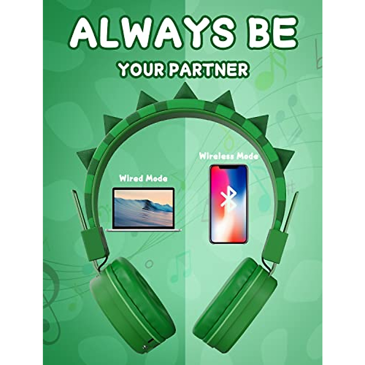 SIMJAR Kids Bluetooth Headphones with Microphone for School, Dinosaur Over-Ear Kids Wireless Headphones with Volume Limiter 94dB, Foldable Adjustable Headband for iPad/Airplane/Travel/Tablet (Green)