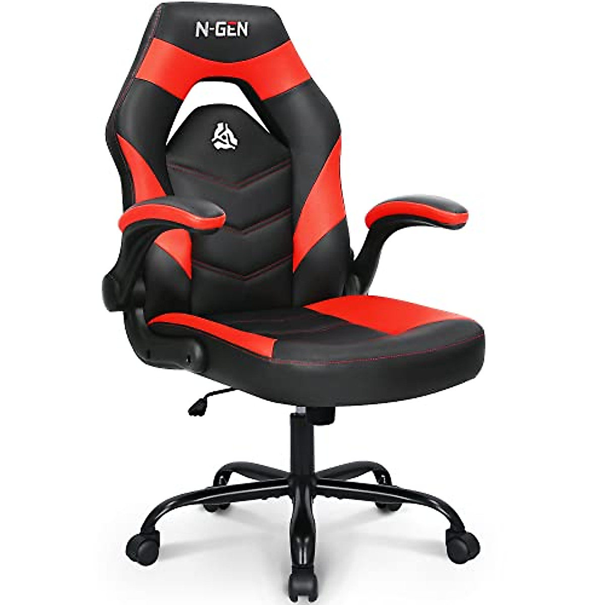 N-GEN Video Gaming Computer Chair Ergonomic Office Chair Desk Chair with Lumbar Support Flip Up Arms Adjustable Height Swivel PU Leather Executive PC Chair with Wheels for Adults Women Men (Red)