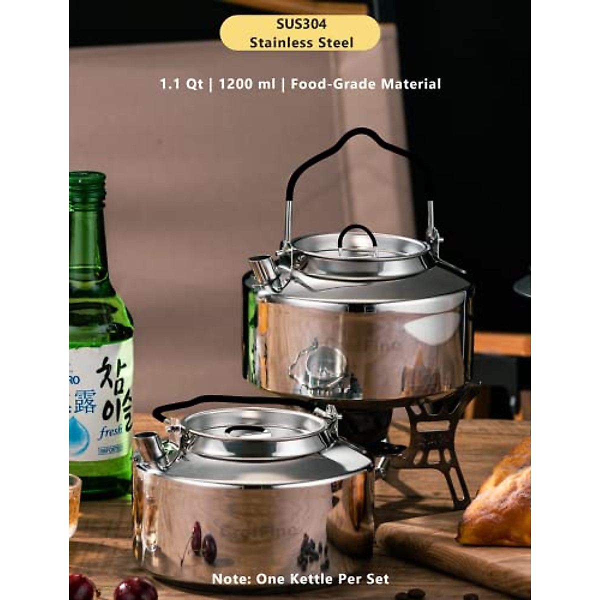 CretFine 304 Stainless Steel Camping Tea Kettle with Stackable Cups and Portable Bag, Anti-scalding Open Campfire Coffee Tea Pot, 1.1 Qt