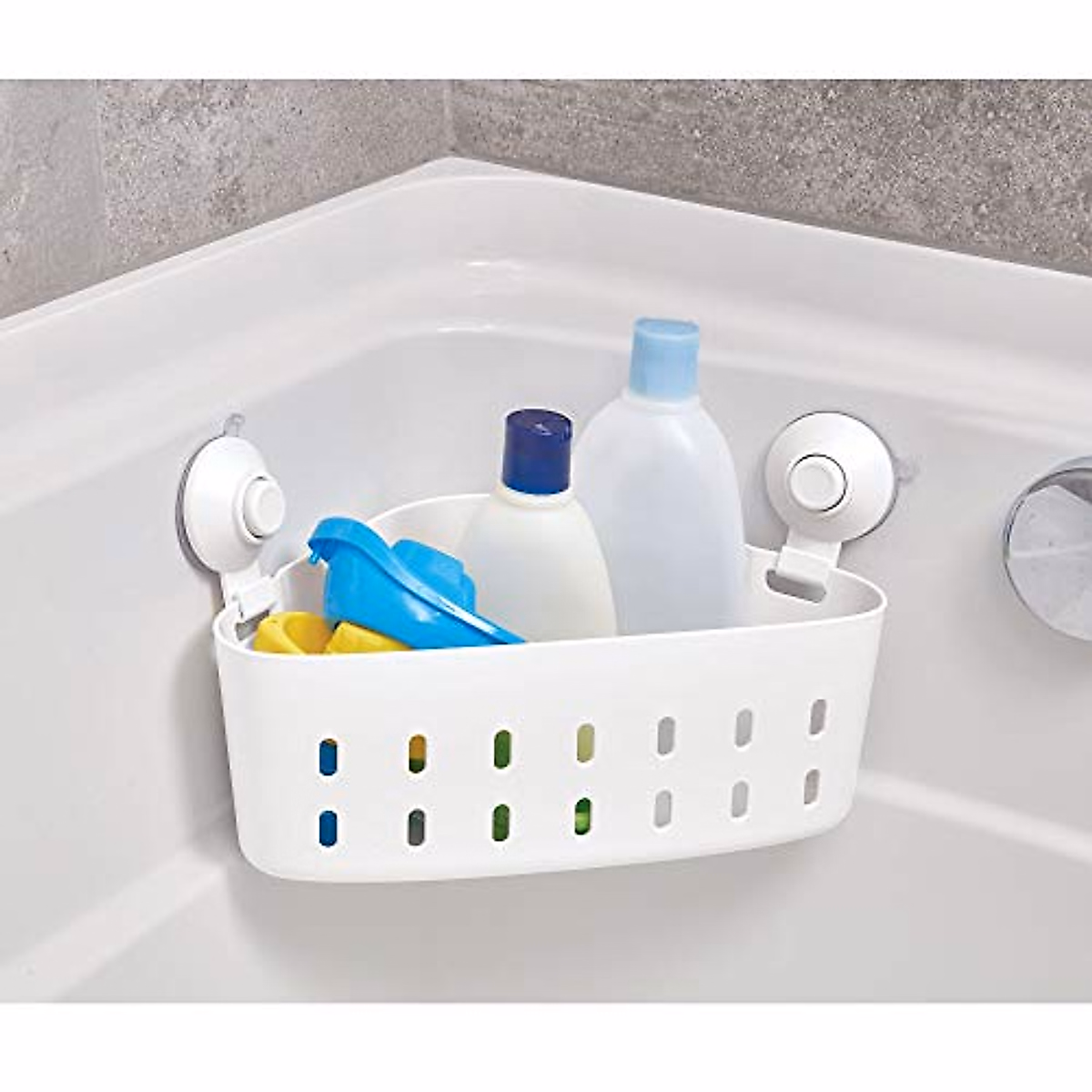 iDesign Cade BPA-Free Plastic Corner Storage Organizer 2 Push Lock Cups for Bathroom Shower/Tub, 7.52" x 12" x 7.32", Suction Basket