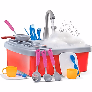 Play22 17 Pc Kids Play Sink with Running Water - Kitchen Sink Toy - Toddler Sink Toy with Real Faucet & Drain, Dishes, Utensils - Play Cooking Stove W/Pan - Kitchen Toys for Toddlers & Kids