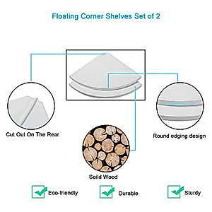 JORIKCHUO 10 inch Corner Wall Shelf Set of 2, Solid Wood Corner Floating Shelves for Wall, Round End Wall Mounted Floating Shelf for Bedroom, Living Room and Kitchen (White-10 inch)