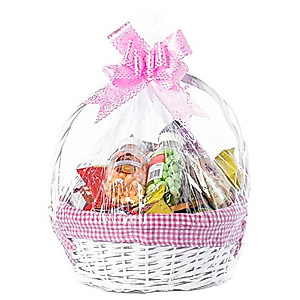 White Round Willow Gift Basket, with Pink Gingham Liner and Handle- Small