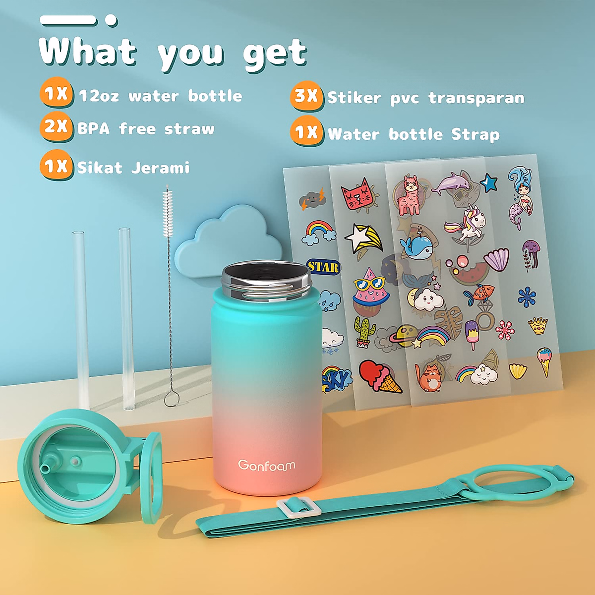 Kids Water Bottle, 12oz Water Bottles Kids with Straw and Stickers, Stainless Steel Vacuum Double Wall Insulated cup, Kids Water Bottle for School, Gifts for Girls(Green)