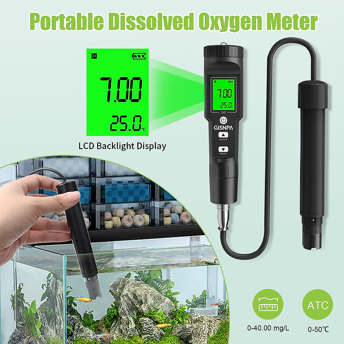 GISNPA Dissolved Oxygen Meter with ATC, 0-40.00 mg/L Measurement Range, DO Meter with Electrode Filling Fluid and Anaerobic Water Calibration Powder