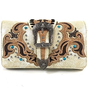 Zelris Western Texas Longhorn Buckle Women Crossbody Wrist Trifold Wallet (Black)