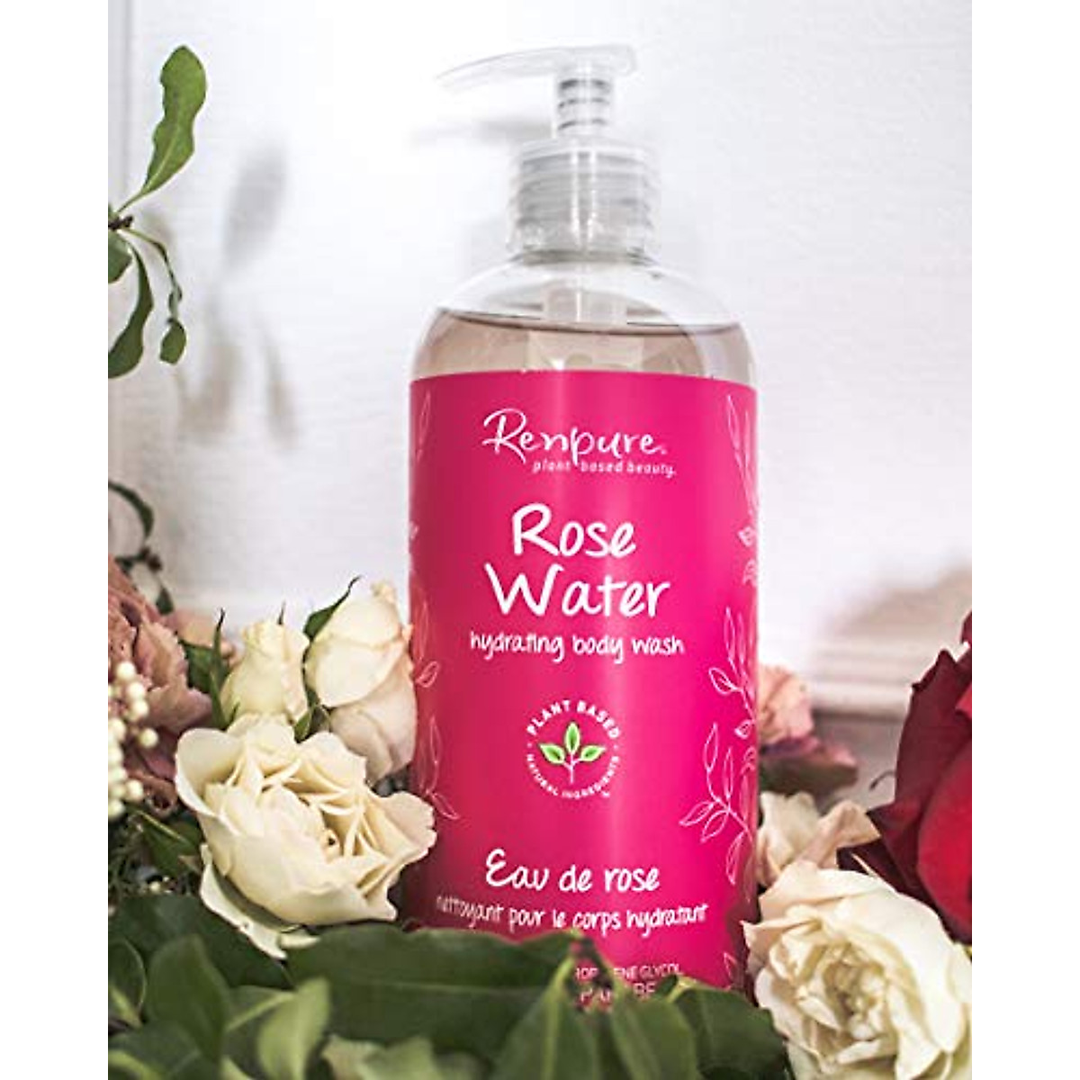 RENPURE Plant Based Organic Natural Rose Water Coconut Oil Body Wash, Sulfate Free Moisturizing Shower Gel Sensitive Skin with Pump for Women, Rose Water, 19 Fl Oz