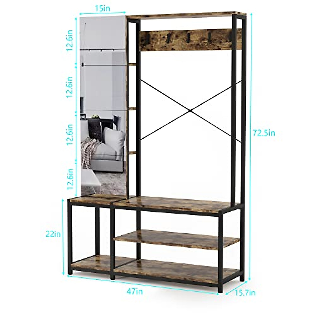 PAKASEPT Hall Tree with Mirror, Freestanding Closet Organizer, Garment Rack with Mirror, Heavy Duty Garment Rack Hanging Clothing Wardrobe Storage Closet for Bedroom