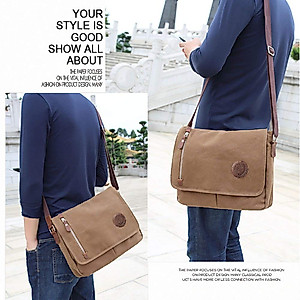 Unisex Messenger Bag Casual Canvas Bag Shoulder Sling Bag Satchel Messenger Bag for Men Work Office 13 inch Laptop Bag (Medium-Coffee)