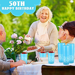 Roshtia 40 Pcs Summer 50th Birthday Cups Cheers to 50 Years Plastic Stadium Cups 16 oz Blue White Party Cups for Birthday Decorations Party Favors Supplies Wedding Anniversary