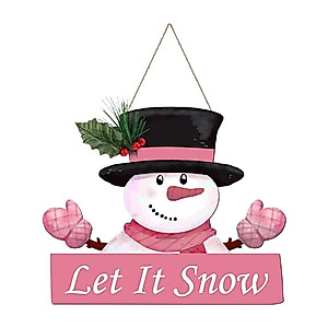 Qunclay Pink Let It Snow Door Sign Winter Christmas Door Decoration Wooden Snowman Front Door Decor Christmas Door Sign Hanging Decoration Christmas Wall Decor Door Hanger for Home Porch, 11.81 Inch