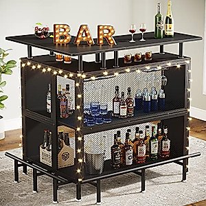 Tribesigns Home Bar Unit, L-Shaped Liquor Bar Table with Stemware Racks and 2-Tier Shelves, Corner Mini Bar Cabinet Coffee Bar Table with Footrest for Home/Kitchen/Bar/Pub, Bar Table, Black