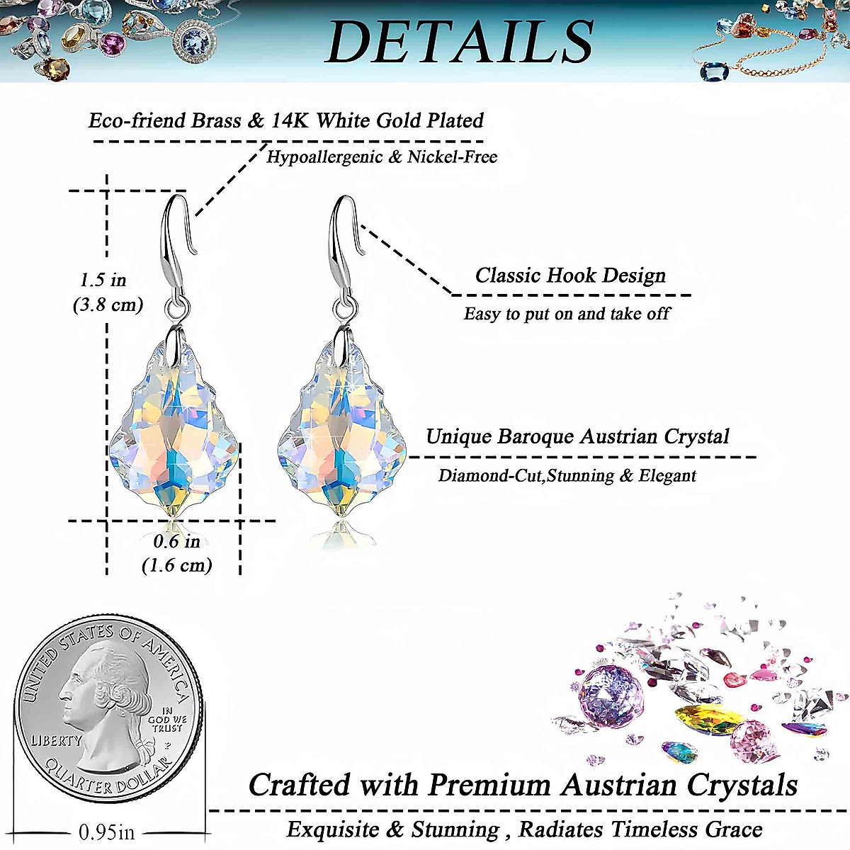 Austrian Crystal Baroque Teardrop Dangle Hook Earrings for Women 14K Gold Plated Hypoallergenic Jewelry (Aurora Borealis)