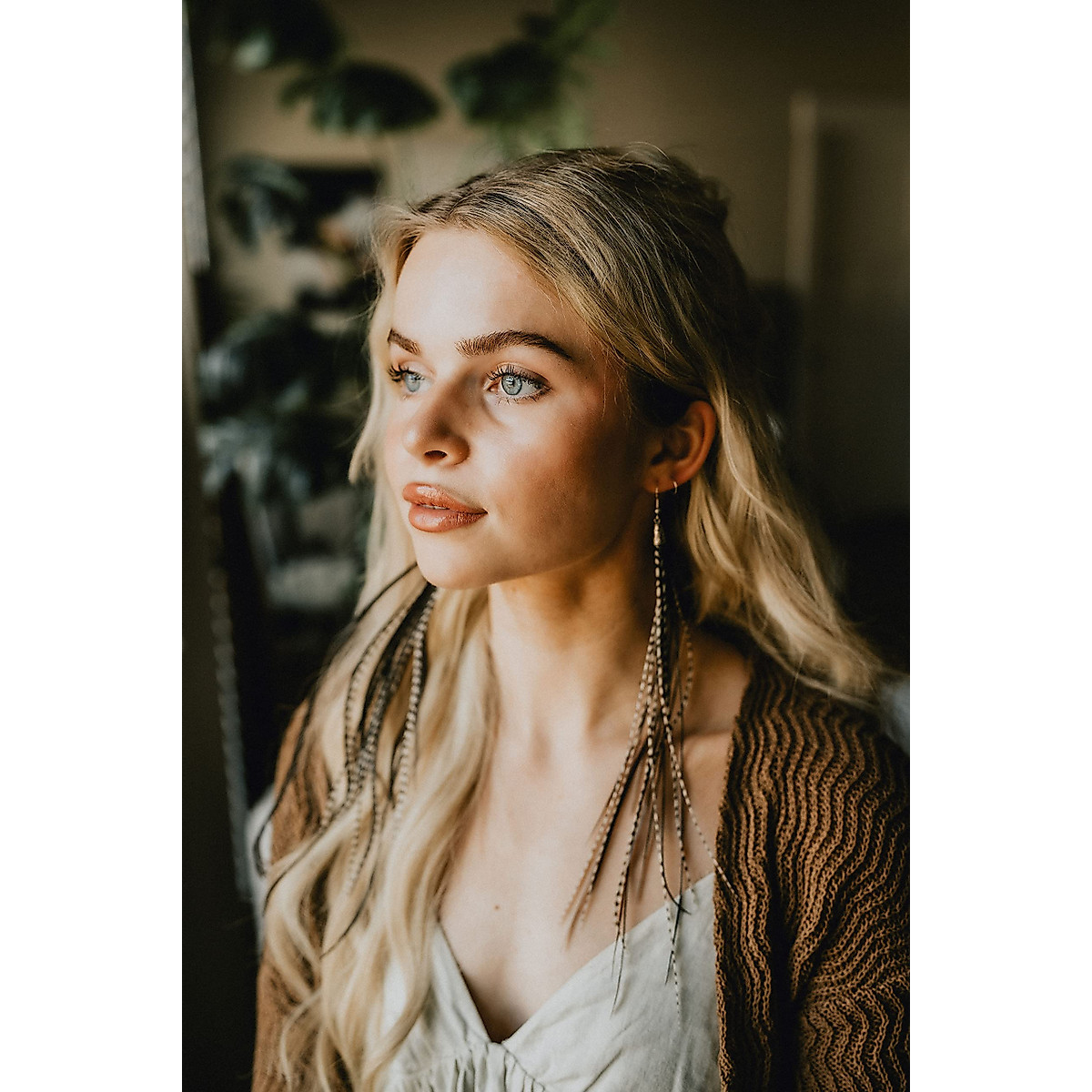 Feather Headz Bohemian handmade Black & Grizzly long lightweight feather dangle earrings for women