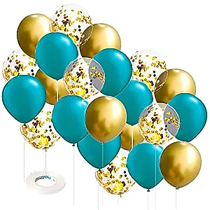 Teal Gold Balloons for Teal Turquoise Gold Birthday Decorations for Women of 30pcs Teal Gold Bridal Shower Decorations/Teal Gold Wedding Decorations/Gold Confetti Balloons