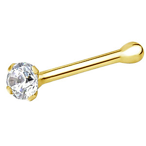 Forbidden Body Jewelry 22G Nose Rings Studs w/ 1.25mm Crystal - 1 Pcs 7mm 14K Gold Piercing Jewelry, l Shaped Nose Rings Women & Men - CZ Simulated Diamond, Small Nose Studs