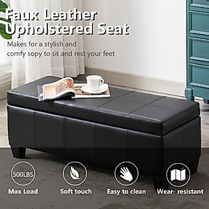 UDAX Black Faux Leather Ottoman with Storage, Rectangular Extra Long Storage Bench for Bedroom and Living Room