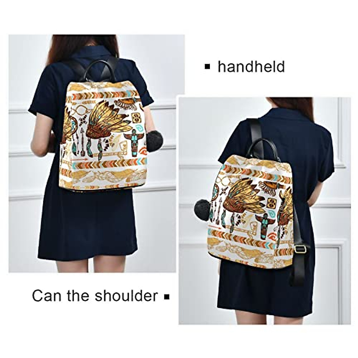 Casual Backpack (Native Americans Element) Print for Women, Fashion Anti Theft School Travel Backpack Purse 15 inch Full print Aesthetic with Fuzz Ball Key Chain