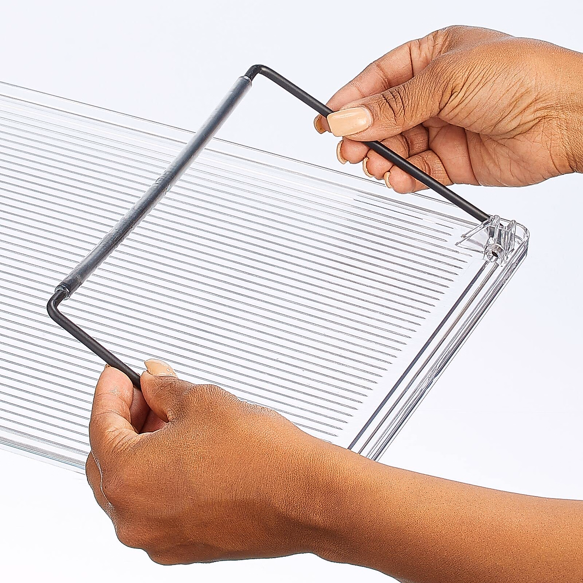 mDesign Metal Stacking Storage Organization for Kitchen Cabinet Shelves in Pantry, Cupboard, Fridge/Freezer - Organizer Stand for Plates, Bowls, Mugs, Ligne Collection, 4 Pack, Clear/Matte Black