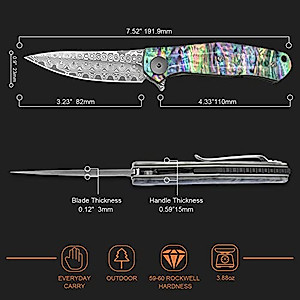 AUBEY Damascus Pocket Knife for Men Women, 3.23 inch Blade of EDC Hunting Knives with Abalone Shell Handle, Ball Bearing, Liner Lock - Sharp Damascus Steel Knife with Clip, Gift for Camping