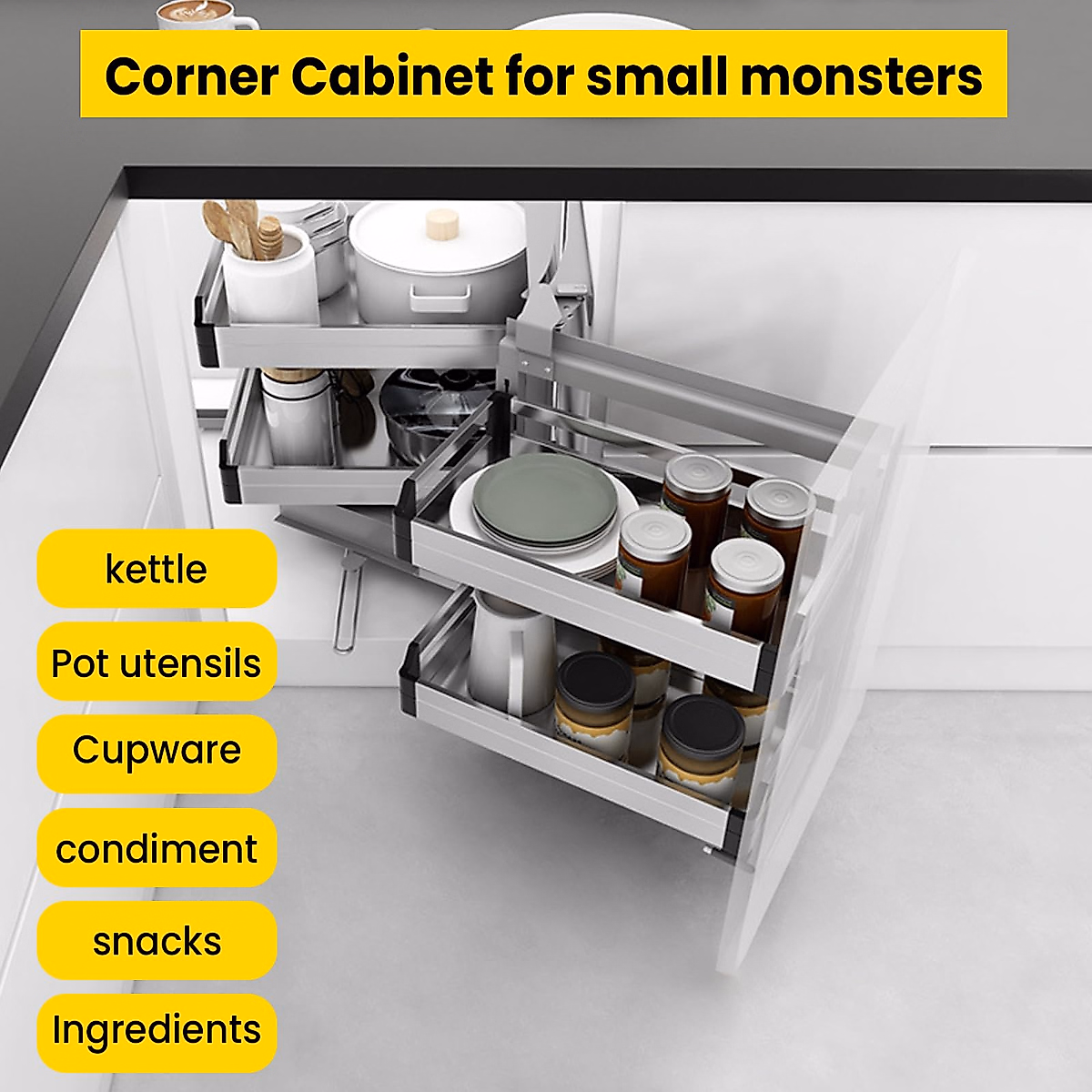 Treliamd Pull Out Blind Corner Cabinet Organizer Right Swing, 2 Tiers Slide Out Kitchen Cabinet Organizer, Opening Chrome Soft Close Blind Corner with Four Shelf for 33.86''Wx19.7''Dx22.84''H