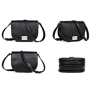 FEVERSOLE Crossbody Bag PU Leather Women Retro Small Saddle Satchel Shoulder Bag Tote With Long Adjustable Strap Black