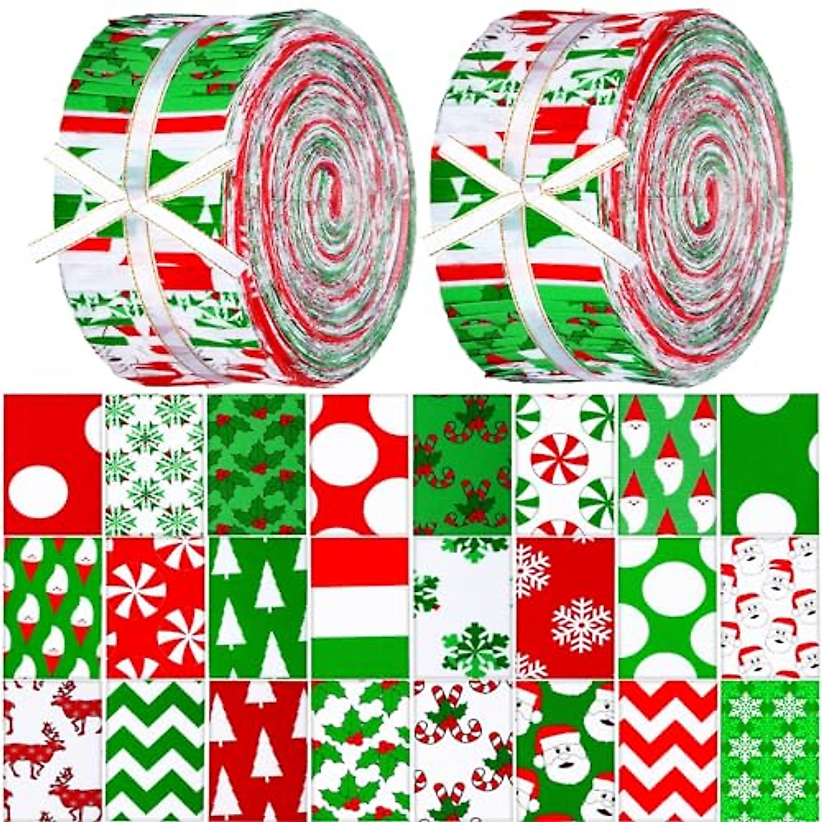 Ganeen 100 Pcs Christmas Fabric Patchwork Roll Quilting Fabric Roll up Fabric Quilting Strips, 2.55 Inch Candy Elements Roll up Fabric Patchwork Fabric for Xmas Sewing DIY Crafts
