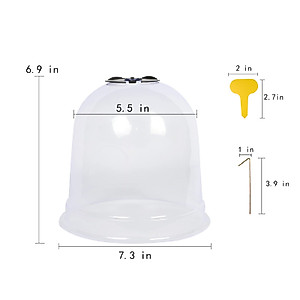 MorTime 6 Pack Garden Cloche Plant Dome, 7.3" D x 6.9" H Plastic Plant Bell Cover Reusable Mini Greenhouse with 18 Ground Securing Pegs & 10 Plant Labels for Outdoors Frost Freeze Protection