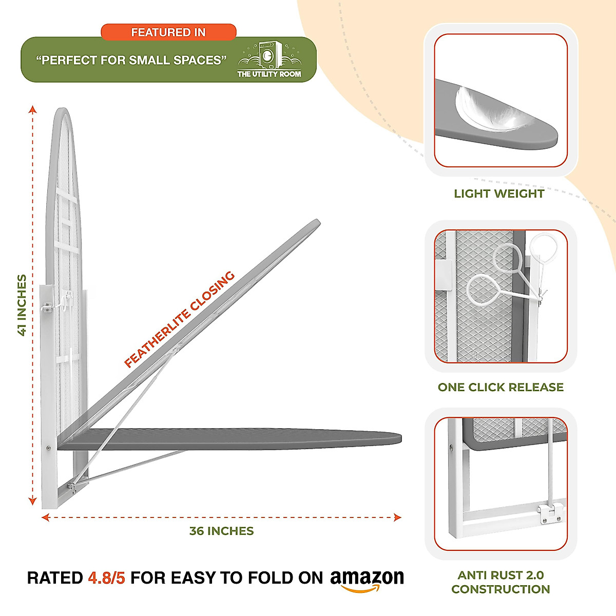 Xabitat Wall Mounted Ironing Board, 36.2" X 12.2" Compact Mount Fold Down Iron Board for Small Spaces, Space Saving with Cotton Fabric Cover, Black and Grey