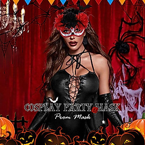 BODIY Women Red Flower Halloween Masquerade Mask Skull Day of the Dead Masks Feather Costume Eyemask Cosplay Rave Half Mask