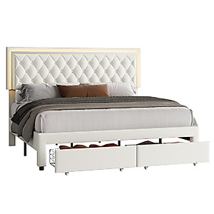 Jocisland Full Size Bed Frame with LED Lights&Storage Drawers,Velvet Upholstered Platform Bed,No Box Spring Needed,White