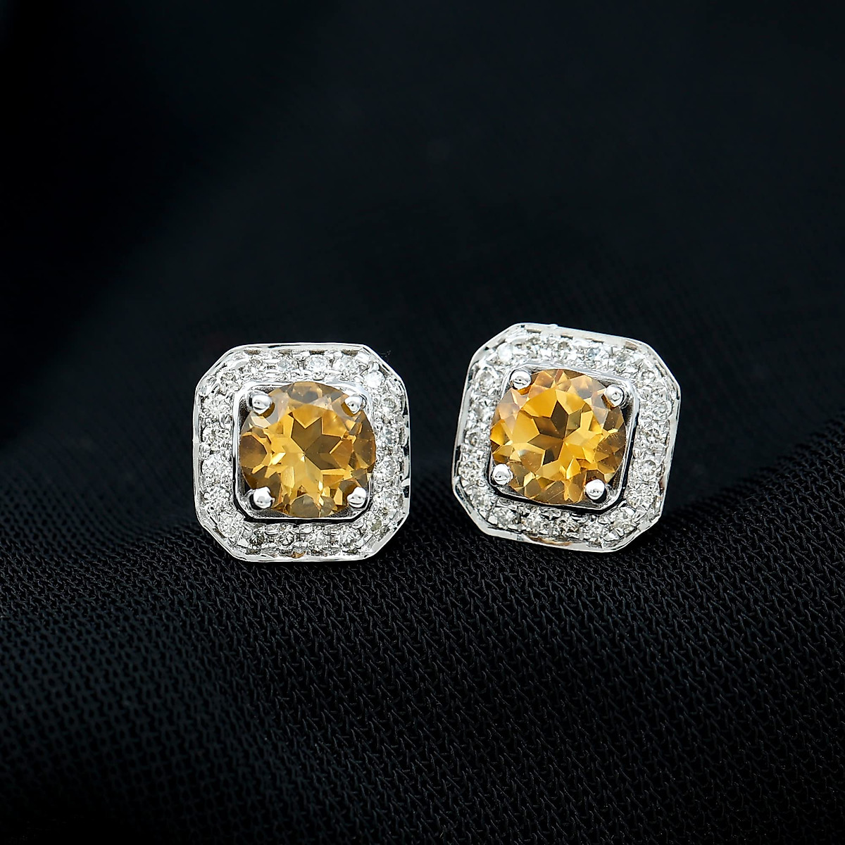 Certified Citrine and Diamond Halo Stud Earrings for Women, 1.25 cttw, Aaa Quality, 14K White Gold