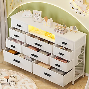 Harpaq White Dresser for Bedroom with 10 Drawers, Dresser with Charging Station, TV Stand Dresser with LED Light for 55" TV, Fabric Drawer Dresser with PU Finish, Chest Dresser for Bedroom, Closet