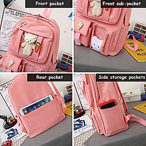 YGYCF Kawaii Backpack 5Pcs Set for Student with Cute Bear Accessories - School Bags for Teen Girls Back to School Supplies Essentials Aesthetic Bookbag, A White