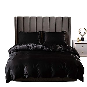 Black Silk Comforter Cover Set Full Size Silk Like Satin Duvet Cover Set Solid Color Decor Soft Microfiber Women Bedding Sets With Zipper Ties Soft Luxury Duvet Cover Set For Adult Women Men Girls