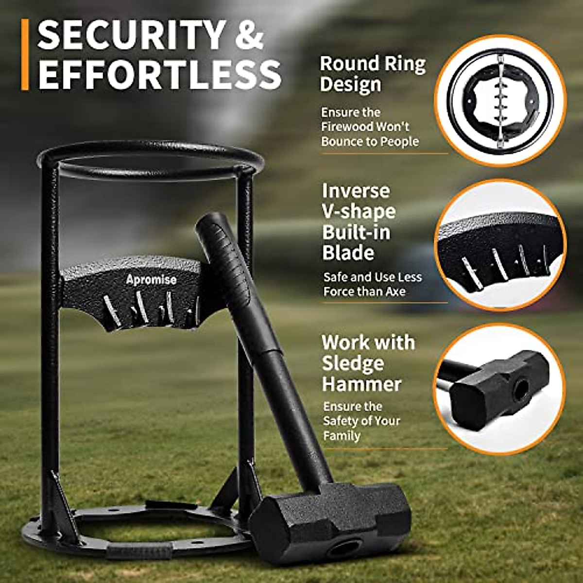 Apromise Wood Splitter - Kindling Splitter with 4 LBS Sledge Hammer and Waterproof Splitter Cover | Heavy Duty Firewood Splitter for Home, Campsite | Safer & Easier to Use & Portable