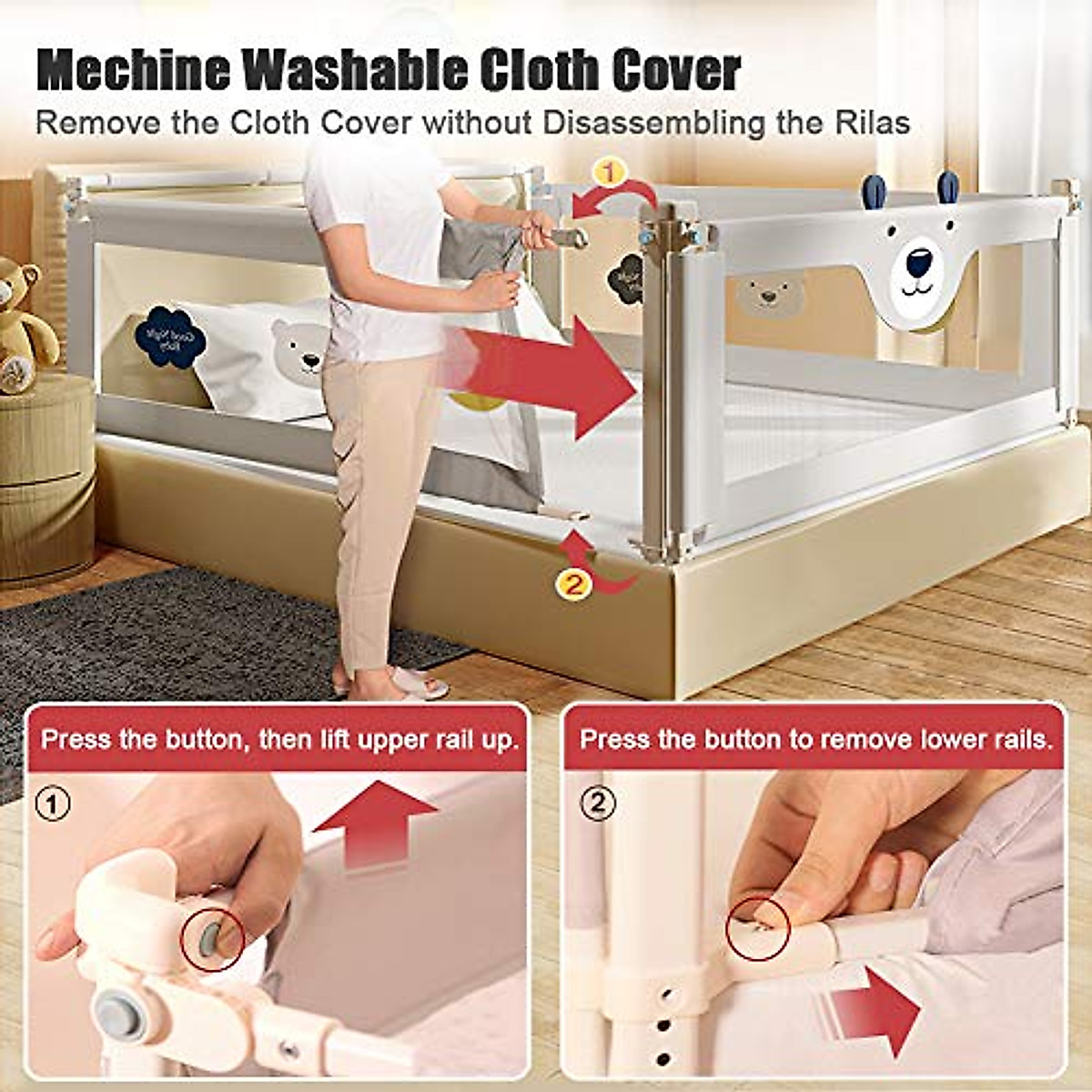 Bed Rail for Toddlers, 60’’70’’75“78’’86’’ Extra Long Baby Bed Rail Guard Lifting Vertically, 1 Side of Free-Tool Assembled Bed Rail Guard for Toddlers Fit Queen Bed, King Bed (75 Inch, Grey Moon)